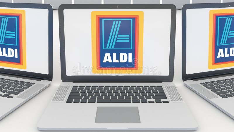 Laptops with Aldi Logo on the Screen. Computer Technology Conceptual ...