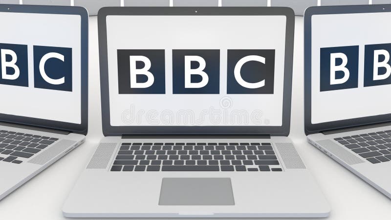 Laptops with British Broadcasting Corporation BBC Logo on the Screen ...
