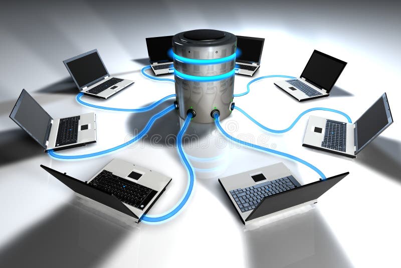 Laptops Communicating with Central Server Stock Illustration ...