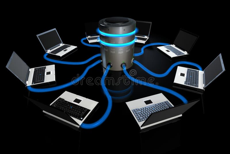 Laptops Communicating with Central Server Stock Illustration ...