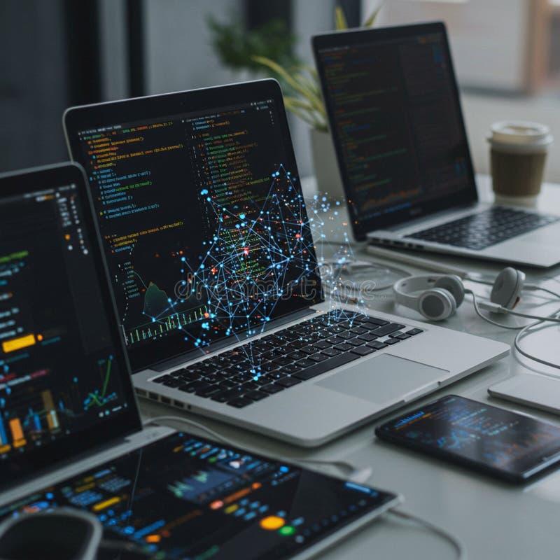 Laptops Display Code on Their Screens, Suggesting Software Development ...