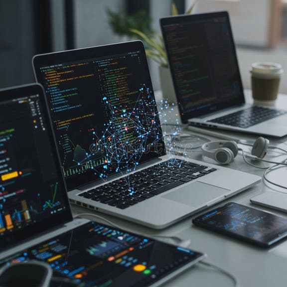Laptops Display Code on Their Screens, Suggesting Software Development ...