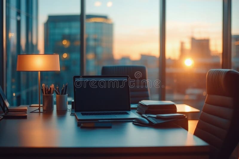 Laptops and Documents Sit on a Desk in a Modern Office at Sunset ...