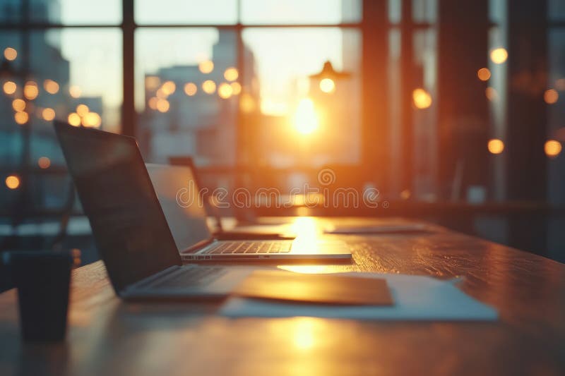 Laptops and Documents Sit on a Desk in a Modern Office at Sunset ...