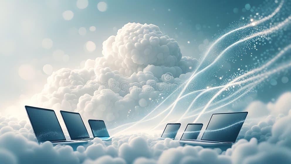 Laptops Floating in a Digital Cloudscape, Symbolizing Cloud Computing ...