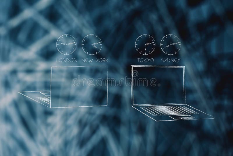 Laptops Front and Back with Clocks of Different Time Zones Above Them ...