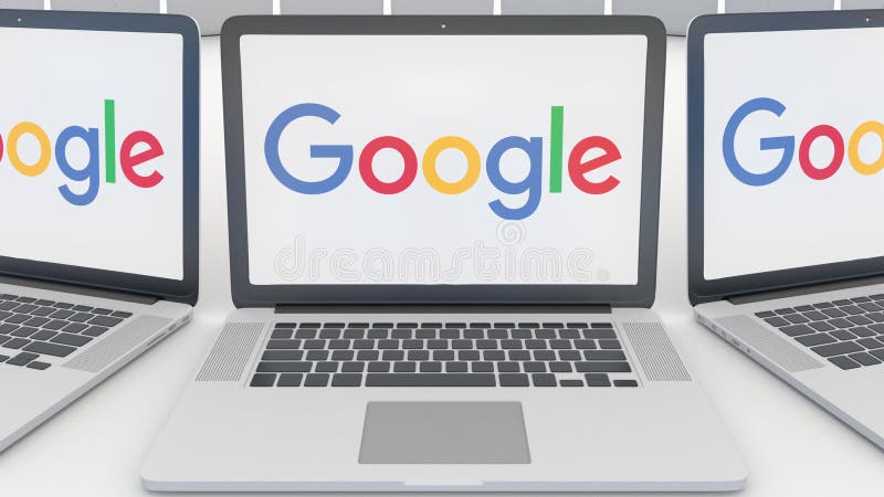 Laptops with Google Logo on the Screen. Computer Technology Conceptual ...