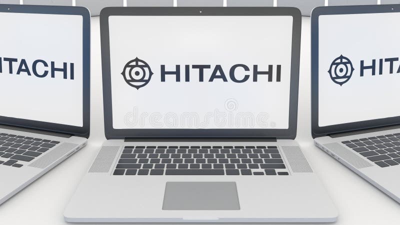 Laptops with Hitachi Logo on the Screen. Computer Technology Conceptual ...