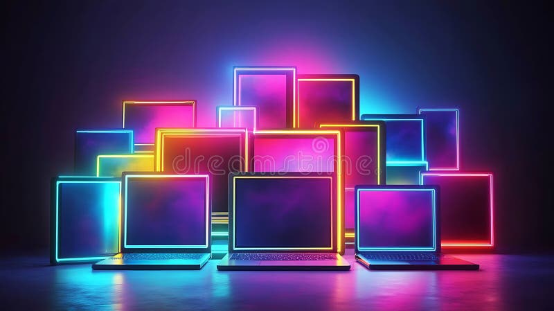 Laptops Illuminated by Neon Lights with a Stack of Neon Frames Creating ...