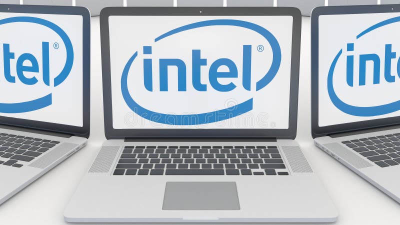 Laptops with Intel Corporation Logo on the Screen. Computer Technology ...