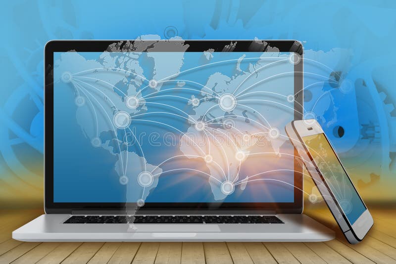 Laptops Phone Stands on Wooden Board. World Map Stock Illustration ...