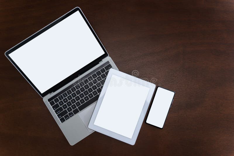 Laptops, Tablets and Smartphones with Blank Screens on Table, Devices ...