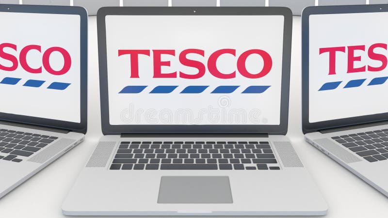 Laptops with Tesco Logo on the Screen. Computer Technology Conceptual ...