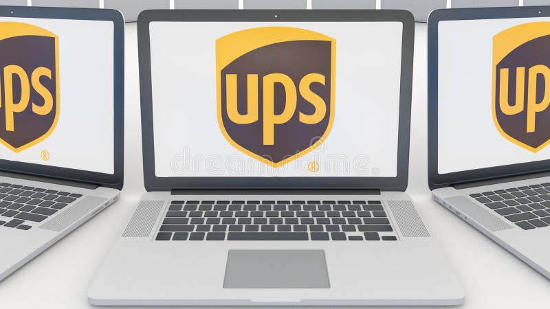 Laptops with United Parcel Service UPS Logo on the Screen. Computer ...