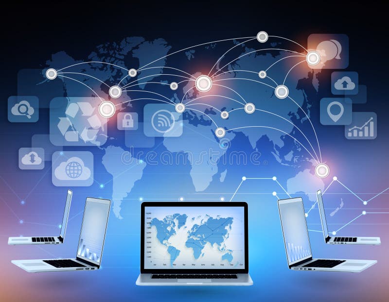 Laptops and World Map with Connection Points in Stock Illustration ...