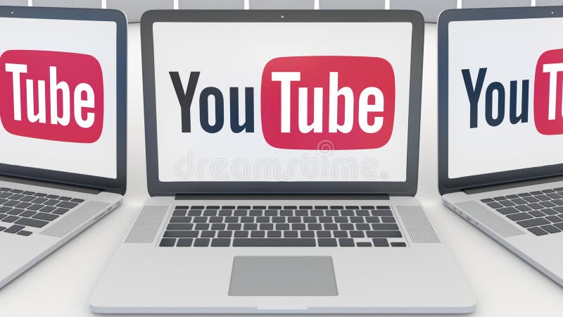 Laptops with YouTube Logo on the Screen. Computer Technology Conceptual ...