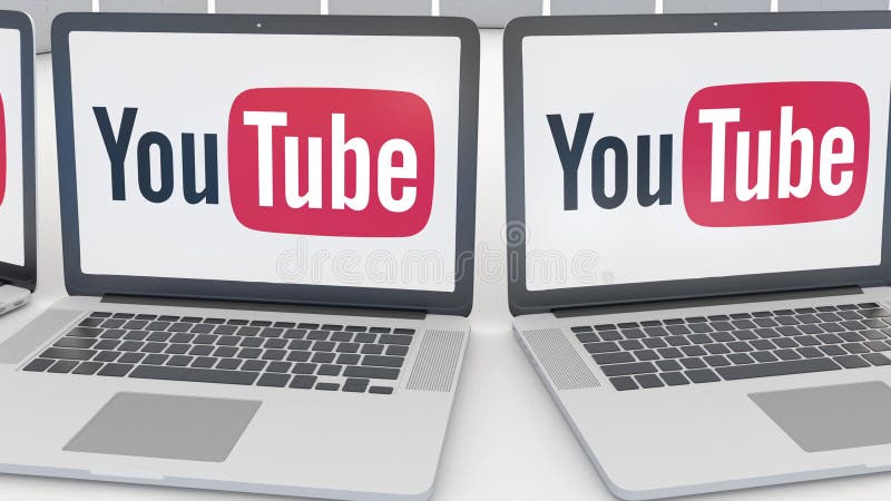 Laptops with YouTube Logo on the Screen. Computer Technology Conceptual ...