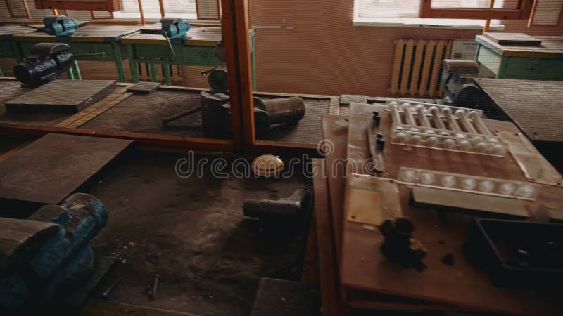A Large Abandoned Classroom with Tables and Tools. Stock Footage ...