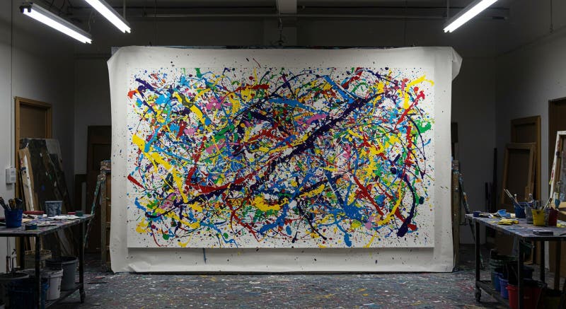 A Large Abstract Painting Dominates a Dimly Lit Art Studio. the Canvas ...