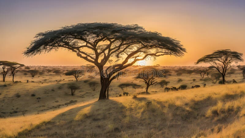 Large Acacia Tree in the Savannah Stock Illustration - Illustration of ...