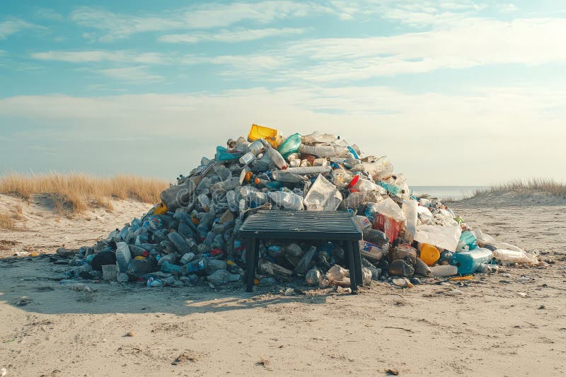 Massive Plastic Waste Pile on Beach Stock Illustration - Illustration ...