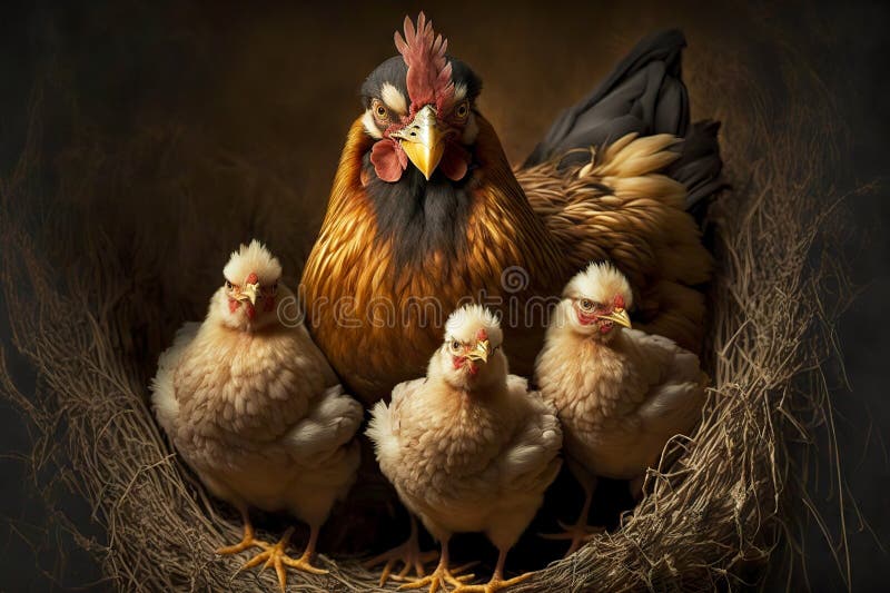 Large Adult Chicken with Beige Grown Chicks Stock Illustration ...