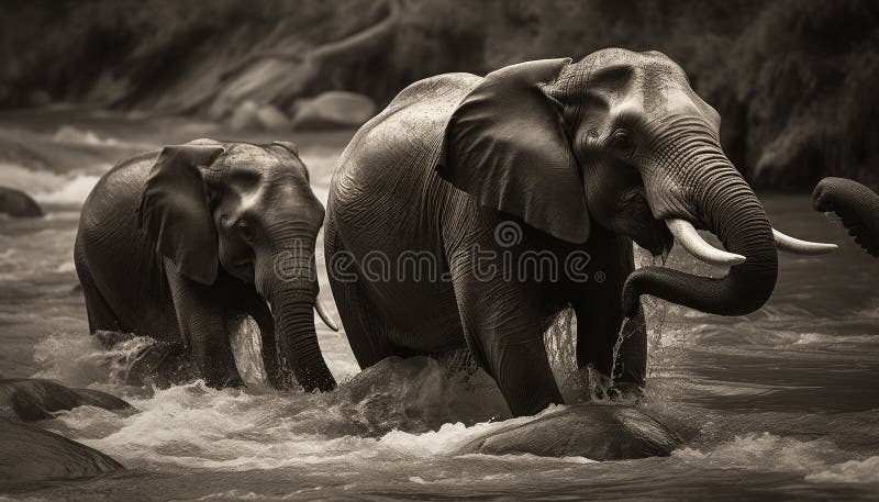 Large African Elephant Herd Splashing in Water Generated by AI Stock ...