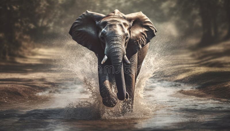 Large African Elephant Splashing in Tranquil Water Generated by AI ...