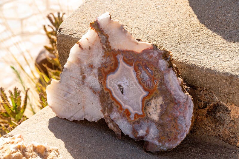 Large Agate Stone with Concentric Pattern in Orange and White on Rough ...