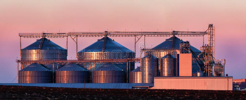 Large Agricultural Grain Processing Plant at Sunset Stock Image - Image ...