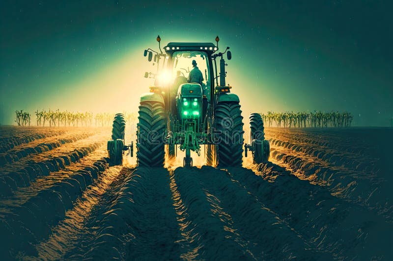 Large Agricultural Tractor Rides through Flat Rows with Crops in Farm ...