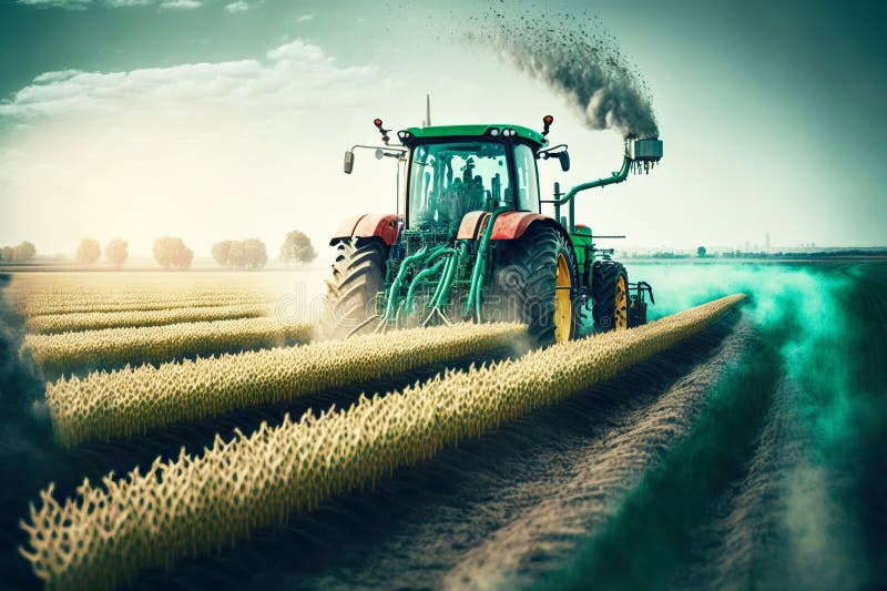 Large Agricultural Tractor Rides through Flat Rows with Crops in Farm ...