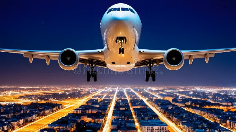 A Large Airplane in Flight in a Frontal Perspective Against the ...