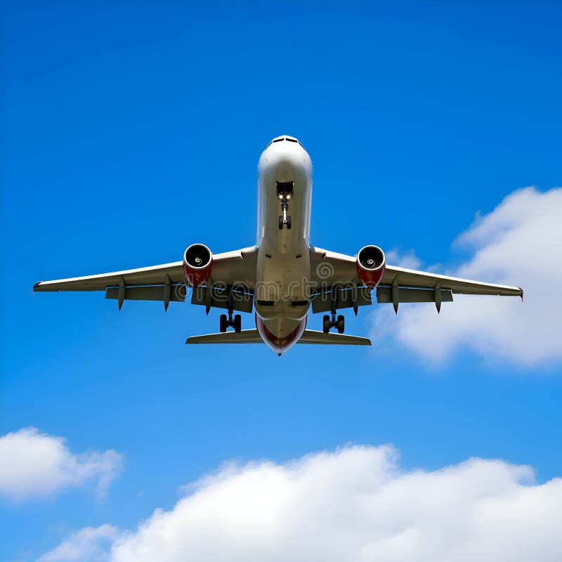 Large Airplane Flying Low Against a Clear Blue Sky – AI Generated Image ...