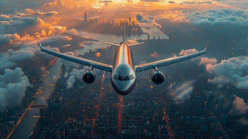 A Large Airplane Flying Over a Cityscape with Dramatic Clouds and City ...