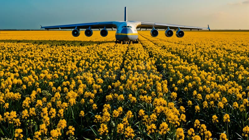 Large Airplane Flying Over Field Yellow Flowers Stock Photos - Free ...