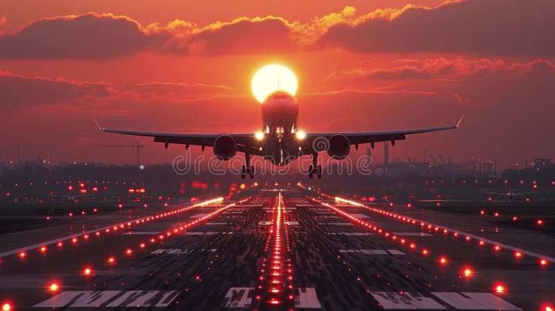 A Large Airplane is Flying Over a Runway with a Sunset in the ...