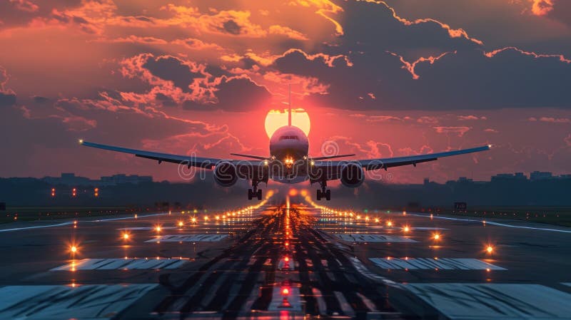 A Large Airplane is Flying Over a Runway with a Sunset in the ...
