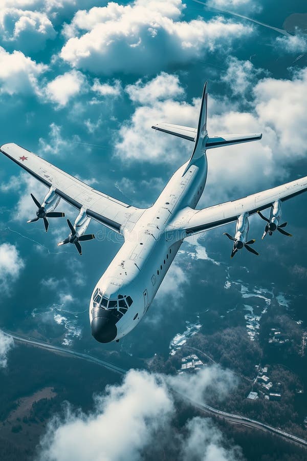 A Large Airplane Flying through the Sky Above the Clouds Stock Image ...