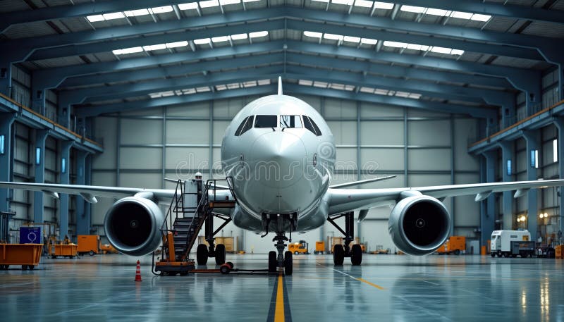 Large Airplane in Hangar Undergoing Maintenance. Technicians Work on ...