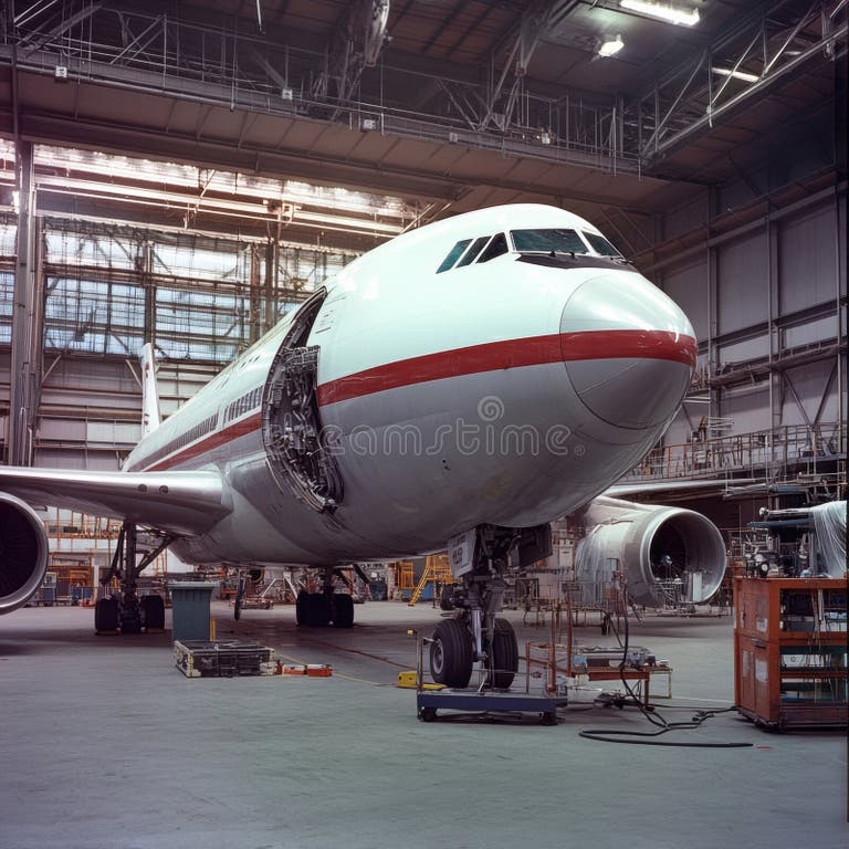 Airplane Undergoing Maintenance Inside a Large Hangar with Bright ...