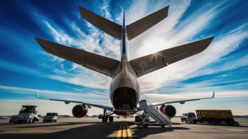A Large Airplane Parked on a Runway with Several Vehicles Near it, AI ...