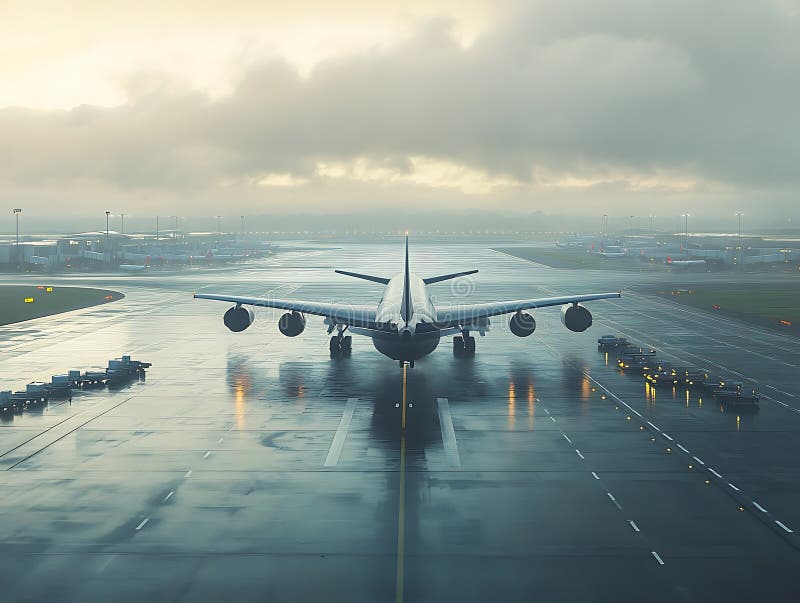 Large Airplane on a Rainy Runway, Dramatic Sky Backdrop Stock ...