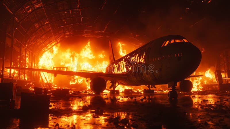 A Large Airplane Sitting in a Hangar on Fire Stock Photo - Image of ...