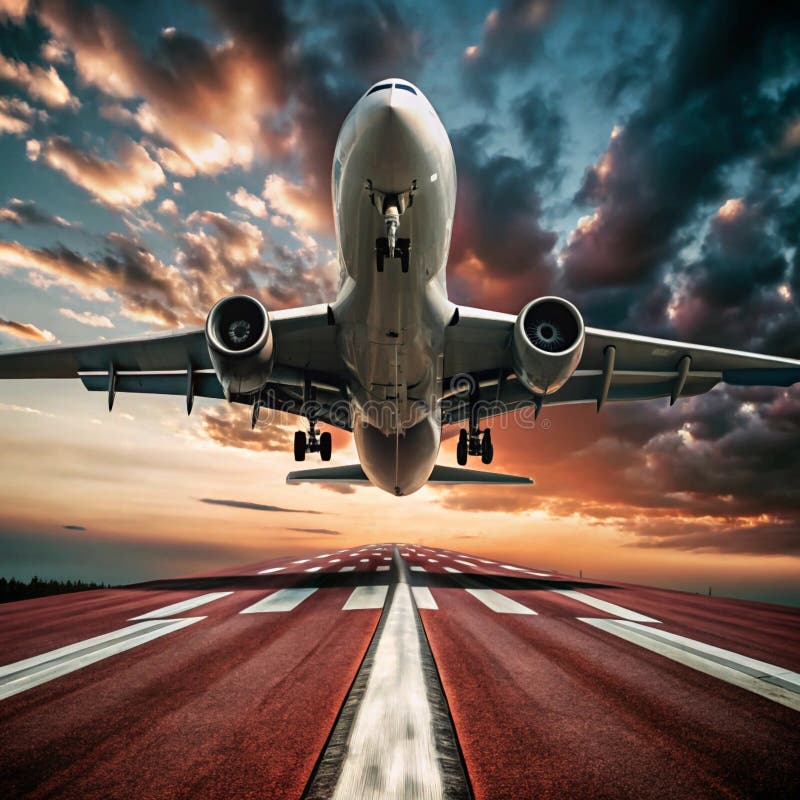 A Large Airplane Taking Off from a Runway at Sunset, with Dramatic ...