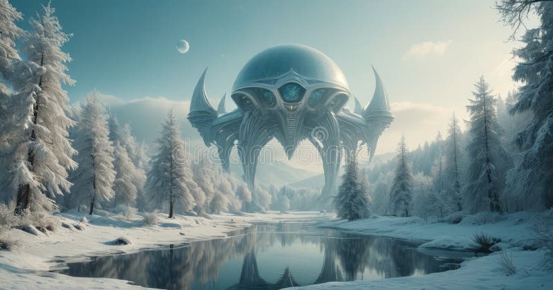 A Large Alien Structure is in the Middle of a Snowy Forest. Stock ...