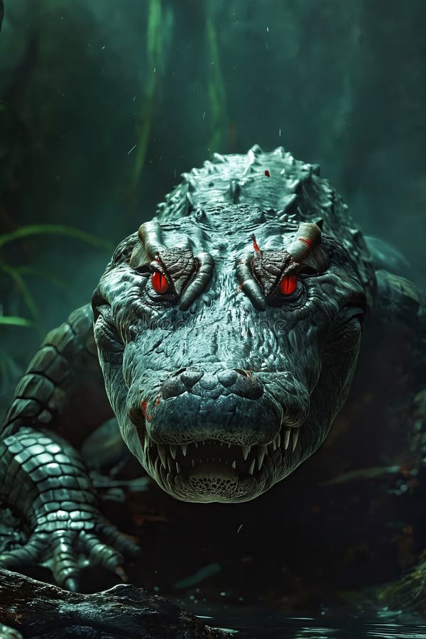 A Large Alligator with Red Eyes Sitting on a Rock in the Water ...