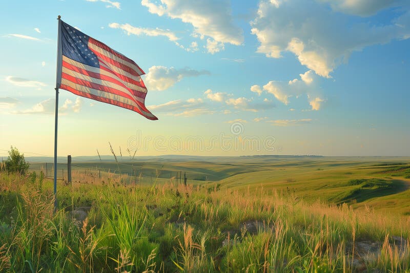 Large American Flag Flies Proudly Against the Sky, Mounted on a Hill on ...