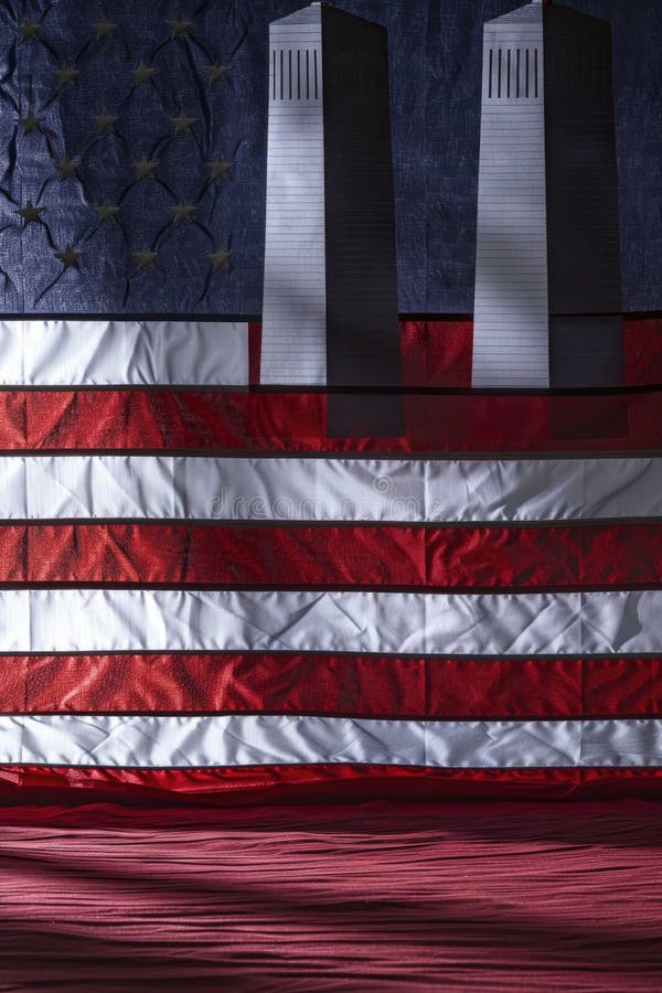 A Large American Flag with Three Towers Stock Photo - Image of national ...