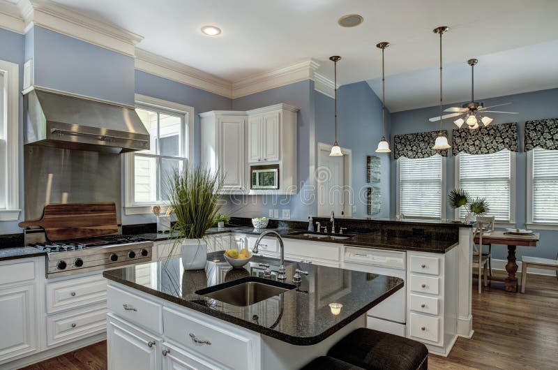 Large American Style Kitchen Interior with Granite Countertops Stock ...